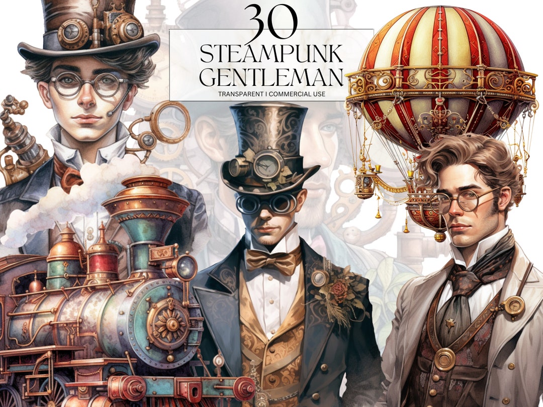 Watercolor Steampunk Gentleman Clipart, Printable Clockwork Fashion Png ...
