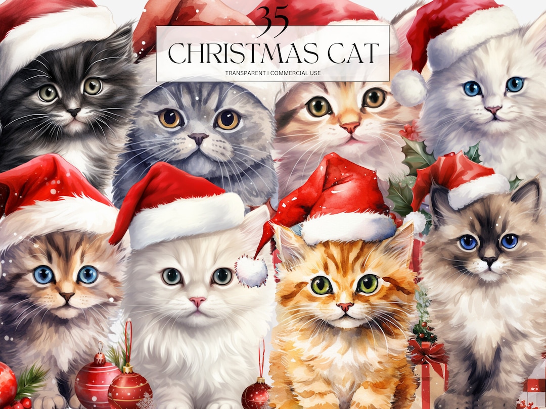 Watercolor Christmas Cat Clipart, Printable Adorable Tabby Cat Png ...