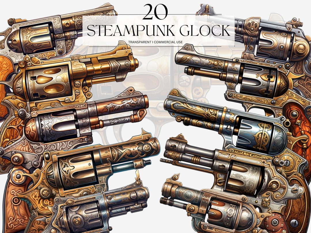 Watercolor Steampunk Glock Clipart Printable Revolver Mechanical Clockwork Png Retro Gun Decor ...