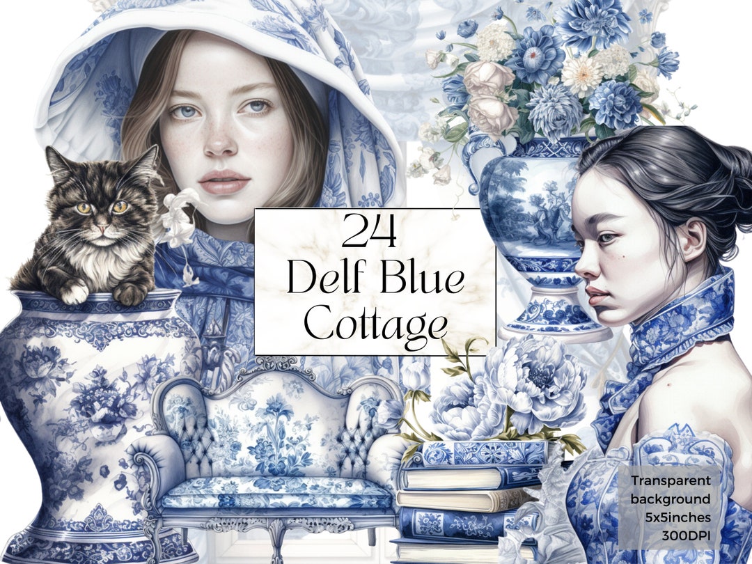 Watercolor Delft Blue Cottagecore Png Clipart, Printable Blue & White ...