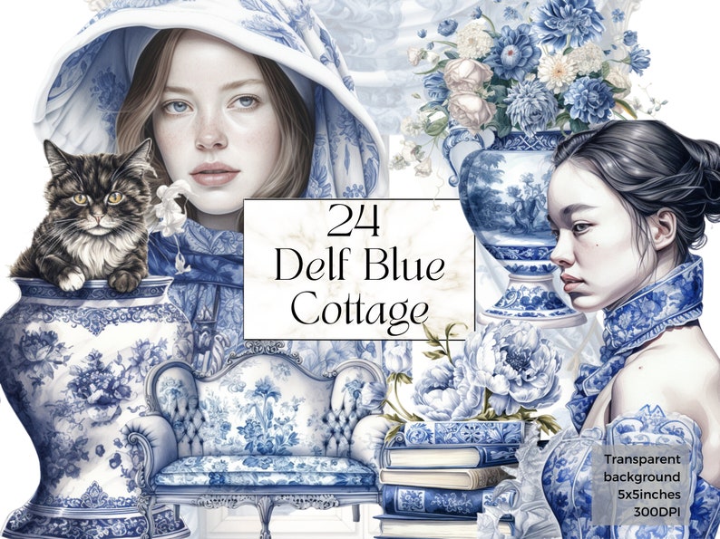 Watercolor Delft Blue Cottagecore Png Clipart Printable Blue - Etsy
