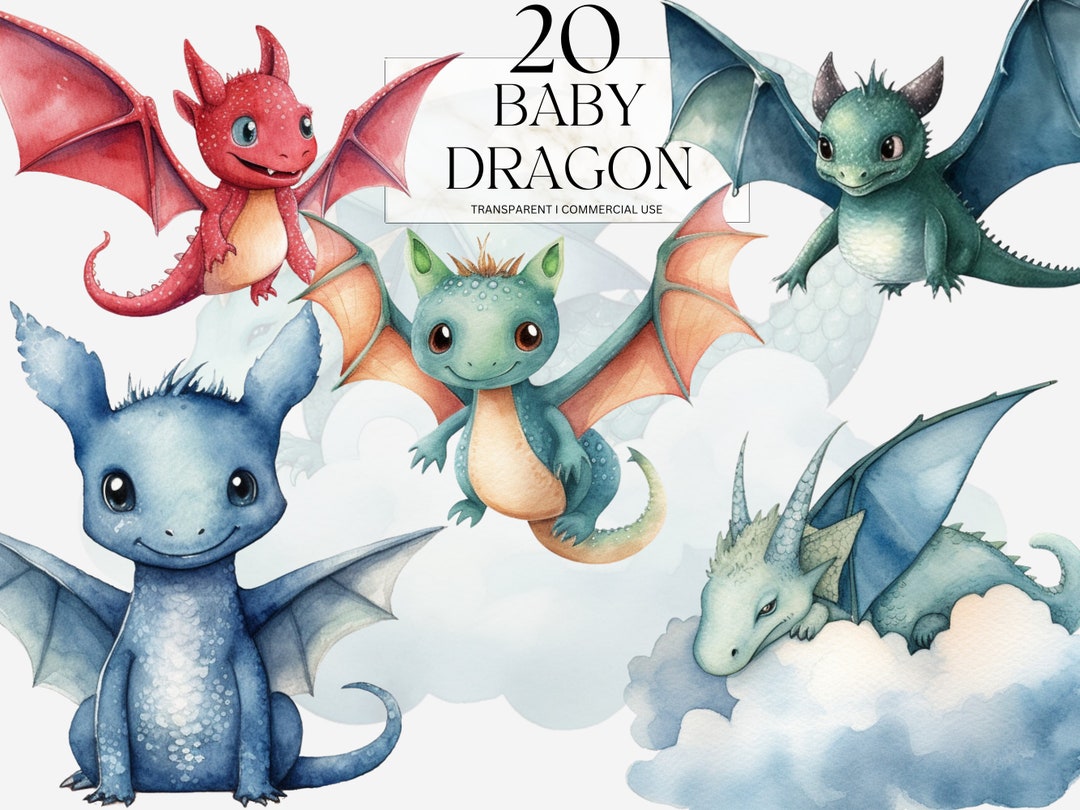 Watercolor Baby Dragon Clipart, Printable Fairy Tale Cute Dragons PNG ...