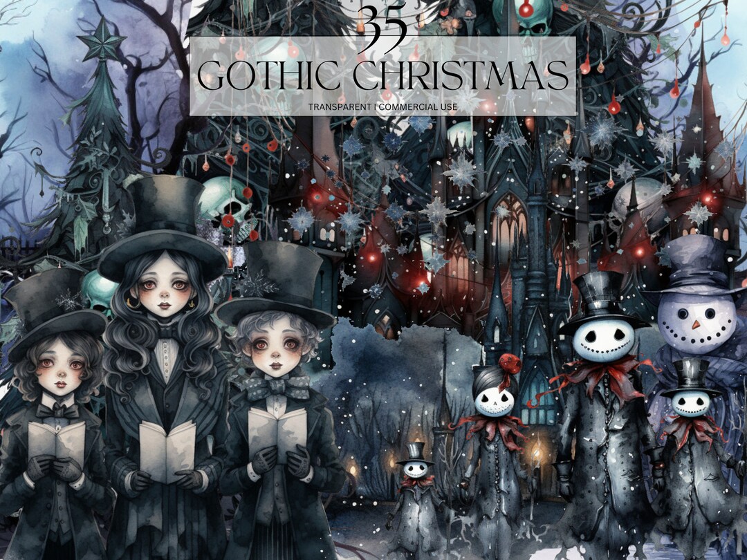 Watercolor Gothic Christmas Clipart, Printable Horror Decorations Png ...