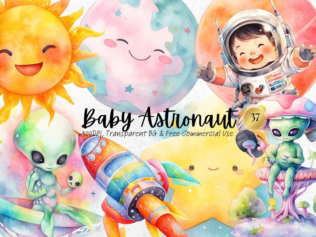 Watercolor Baby Astronaut Clipart, Printable UFO Spaceship Planet Png ...