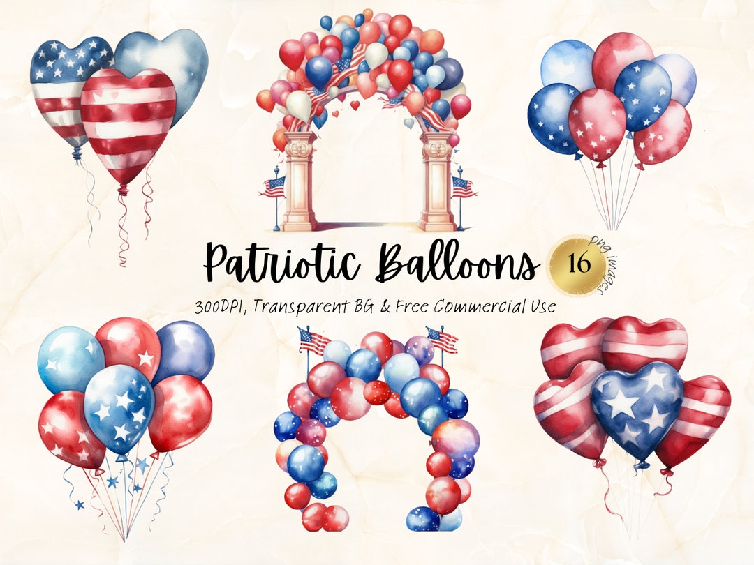 Watercolor Patriotic Balloons Clipart Printable 4th of July American ...