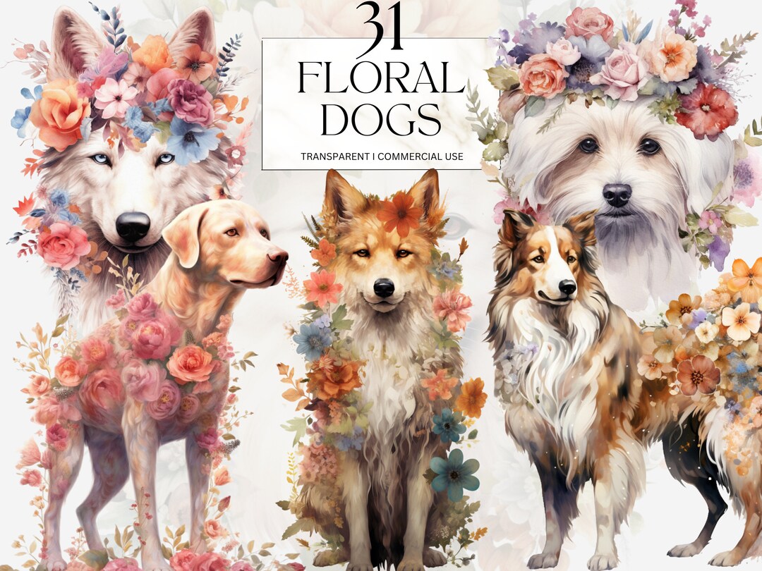 Watercolor Floral Dog Clipart, Printable Variety of Dogs With Flowers ...