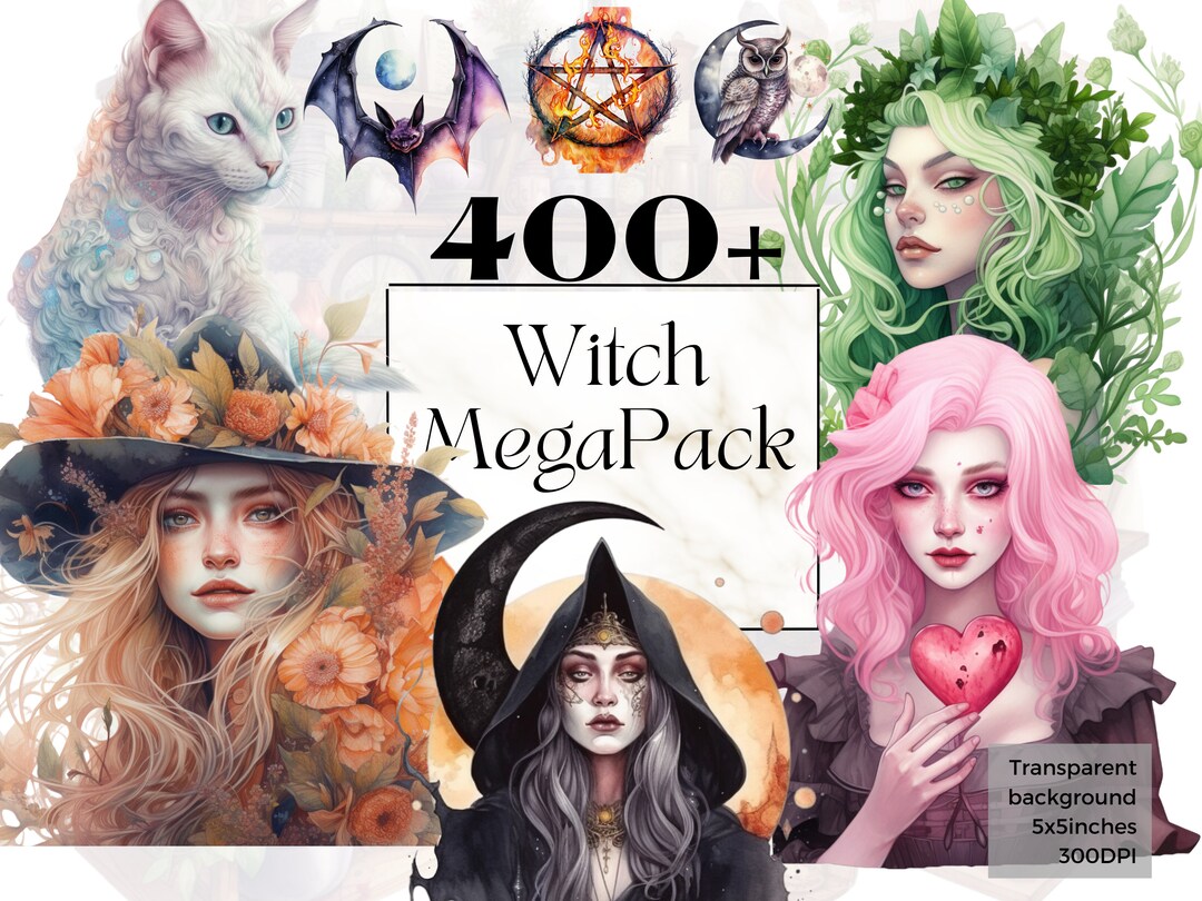 400 Witch Clipart Mega Pack Png, Printable Witchcraft Art Print, Light ...