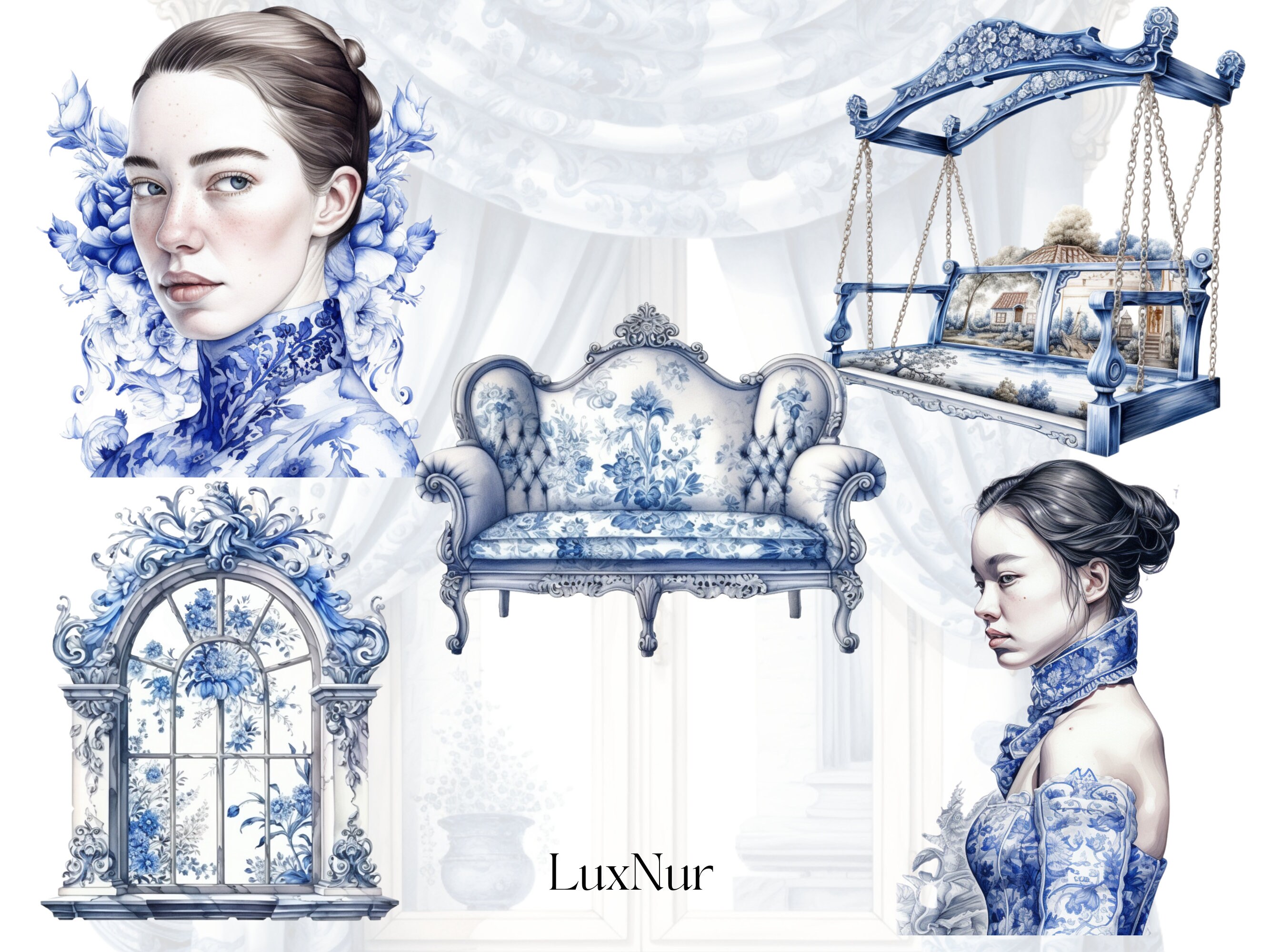 Watercolor Delft Blue Cottagecore Png Clipart Printable Blue - Etsy