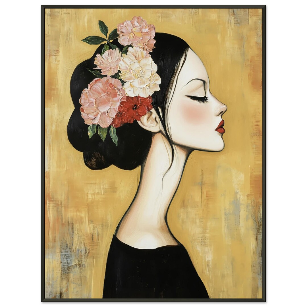 Elegant Floral Side Profile Art Print – Modern Woman With Black Updo ...