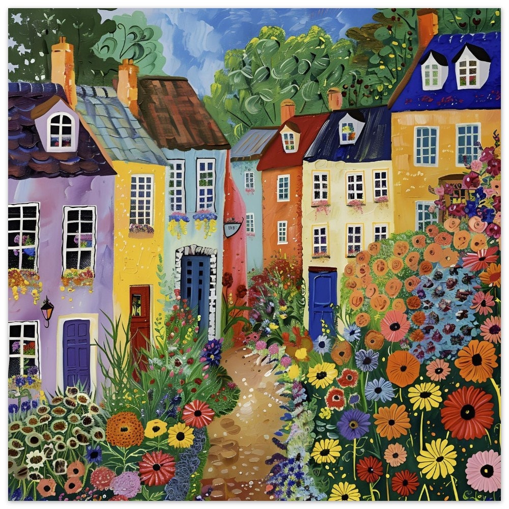 Naive Art Painting of Colorful Terraced Houses in England - Unique Foam ...