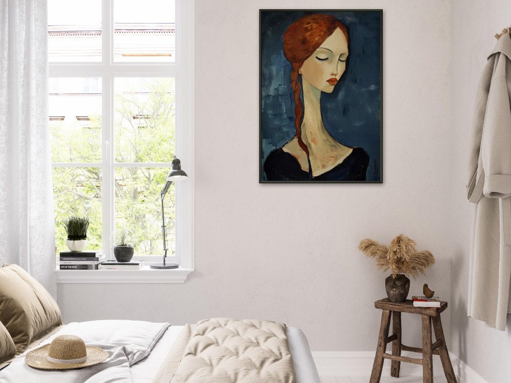 Modigliani Inspired Portrait - Serene Woman With Red Braided Ponytail ...