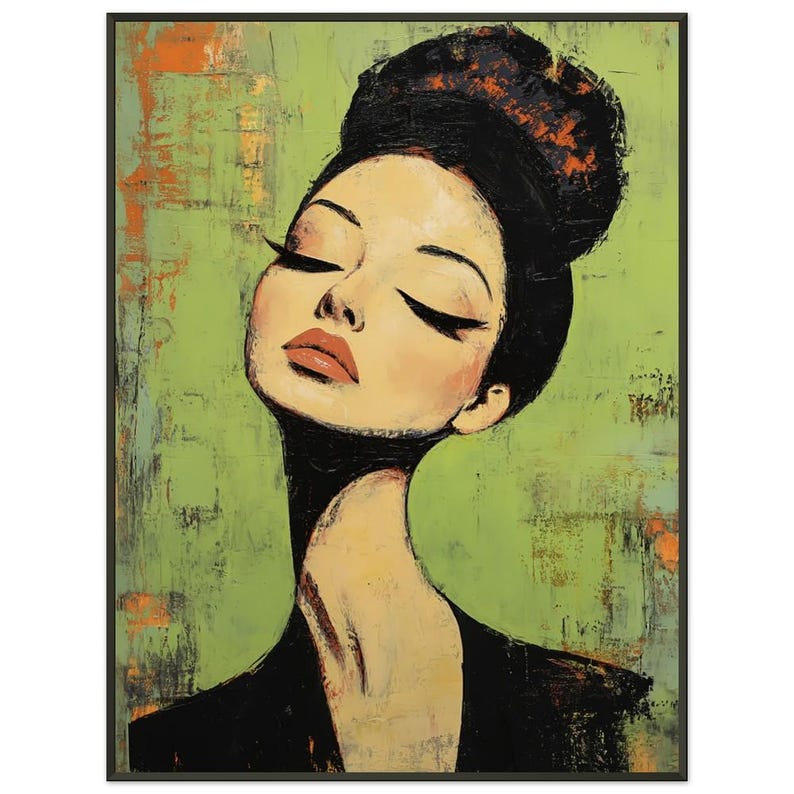 Retro Vintage Framed Poster: Woman With Hair up - Green & Orange Wall ...
