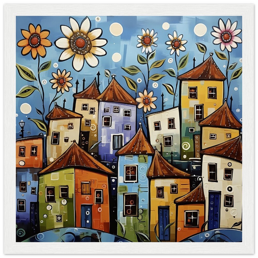 Whimsical Houses in Bloom Naive Art Painting, Big Flowers Reaching for ...