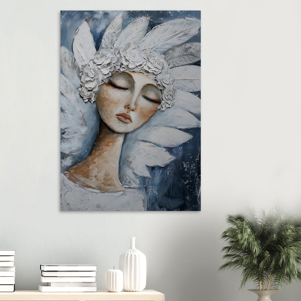 Unique Angel Portrait With White Floral Headdress and a Long Neck ...