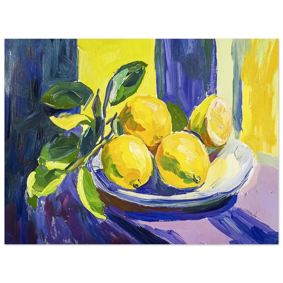 Abstract Lemons on Plate Art Print - Vibrant Blue, Pink & Yellow ...