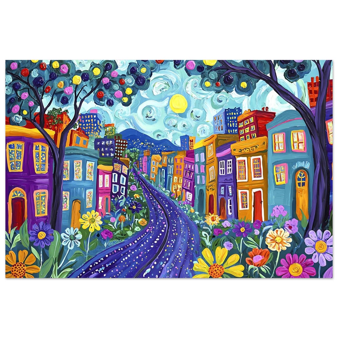Charming Naive Art Foam Print - Purple-blue Road Decor With Colorful ...