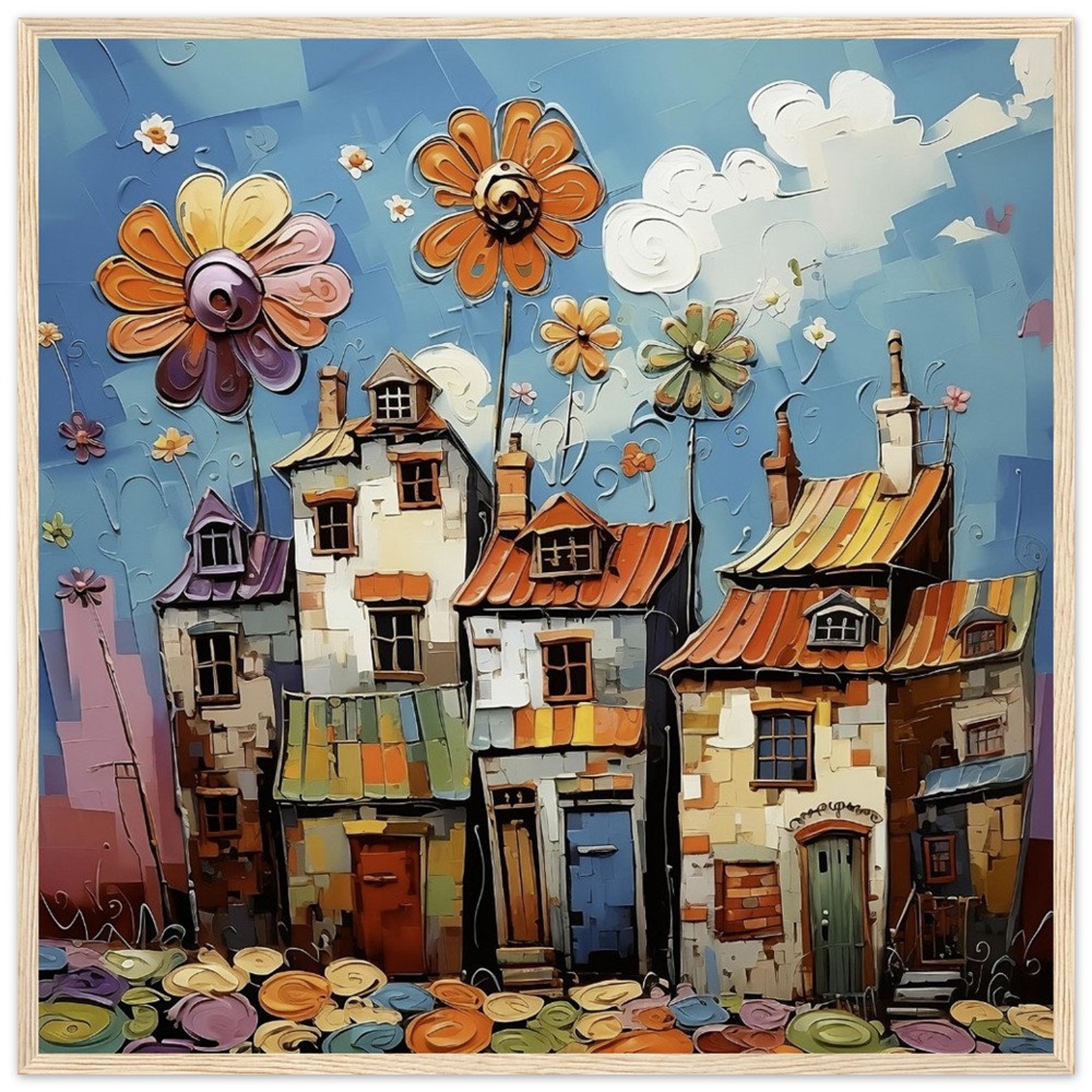 Dreamy Blooms Naive Art Whimsical Houses Painting Inspired Van Gogh ...