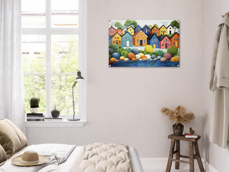 Colorful Houses Acrylic Print: Naive Art, Waterfront Decor - Etsy