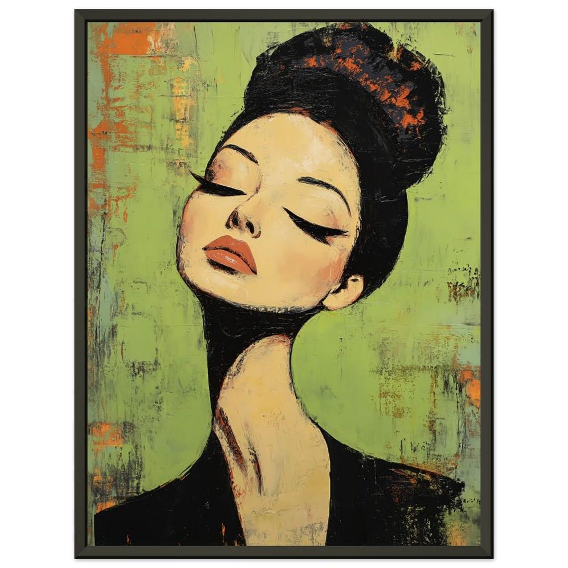 Retro Vintage Framed Poster: Woman With Hair up - Green & Orange Wall ...