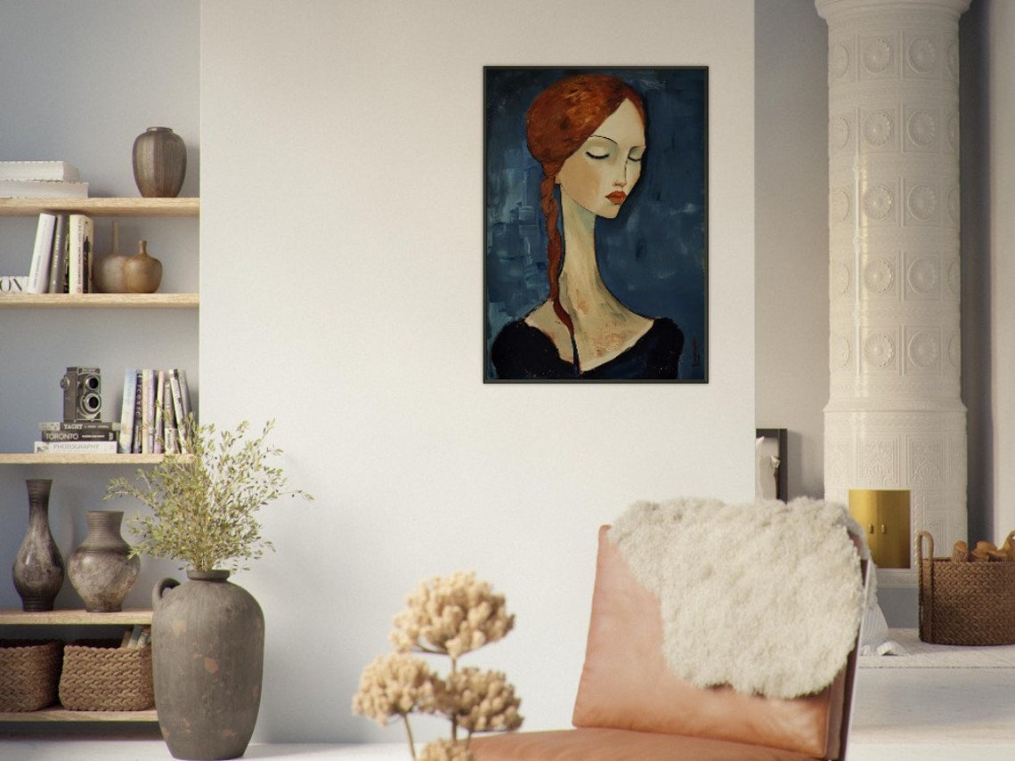 Modigliani Inspired Portrait - Serene Woman With Red Braided Ponytail ...