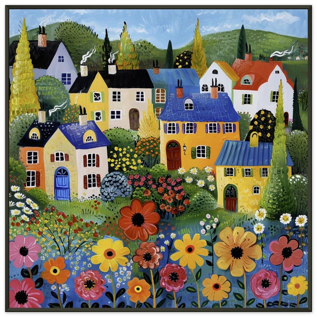 Naive Art Painting of Countryside Houses in France Beautiful Floral ...