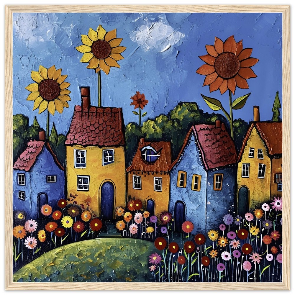 Whimsical Naive Art Painting: Five Colorful Houses on a Little Hill ...