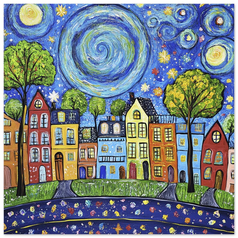 Whimsical Naive Art Foam Print - Colorful Houses & Dreamy Sky Decor - Etsy