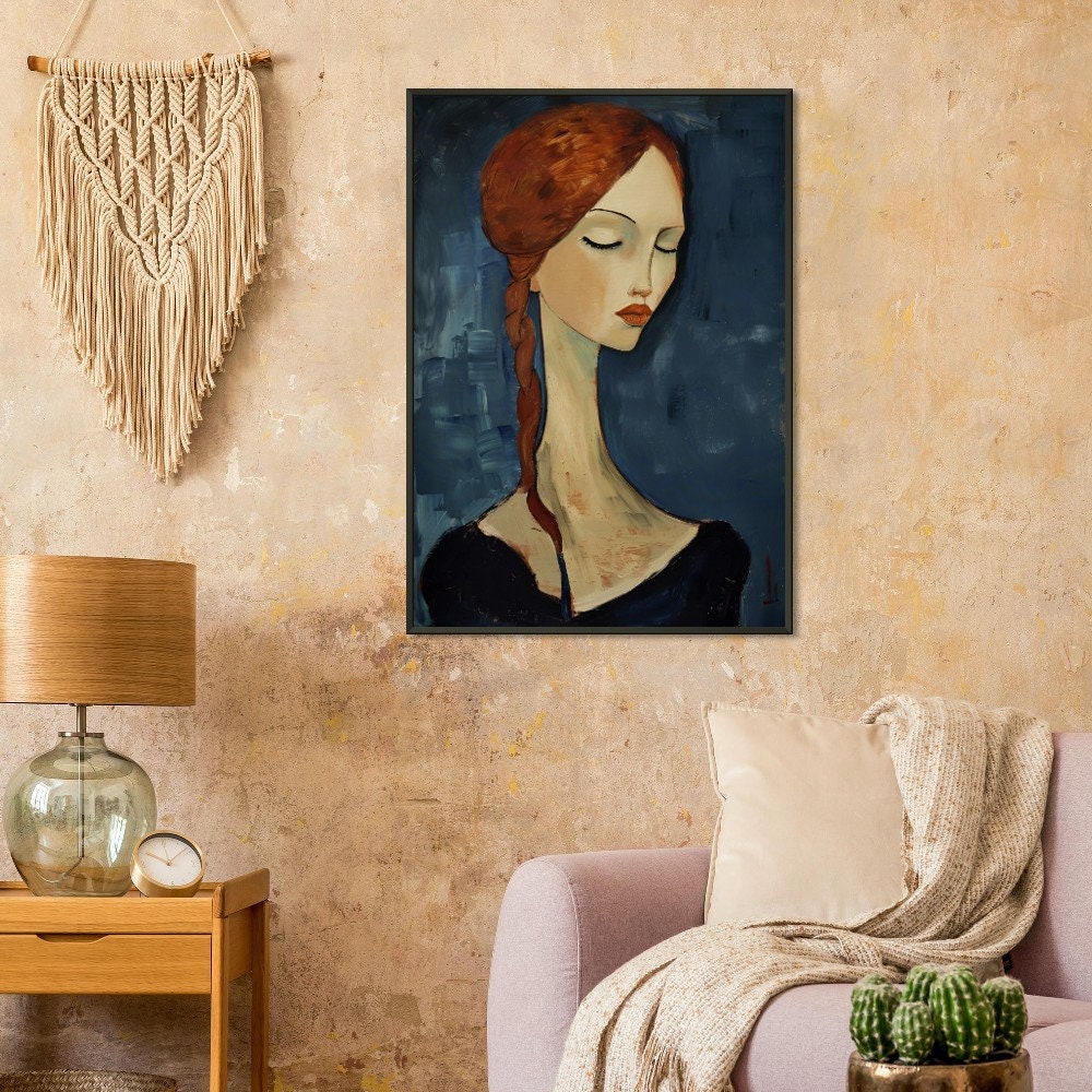 Modigliani Inspired Portrait - Serene Woman With Red Braided Ponytail ...