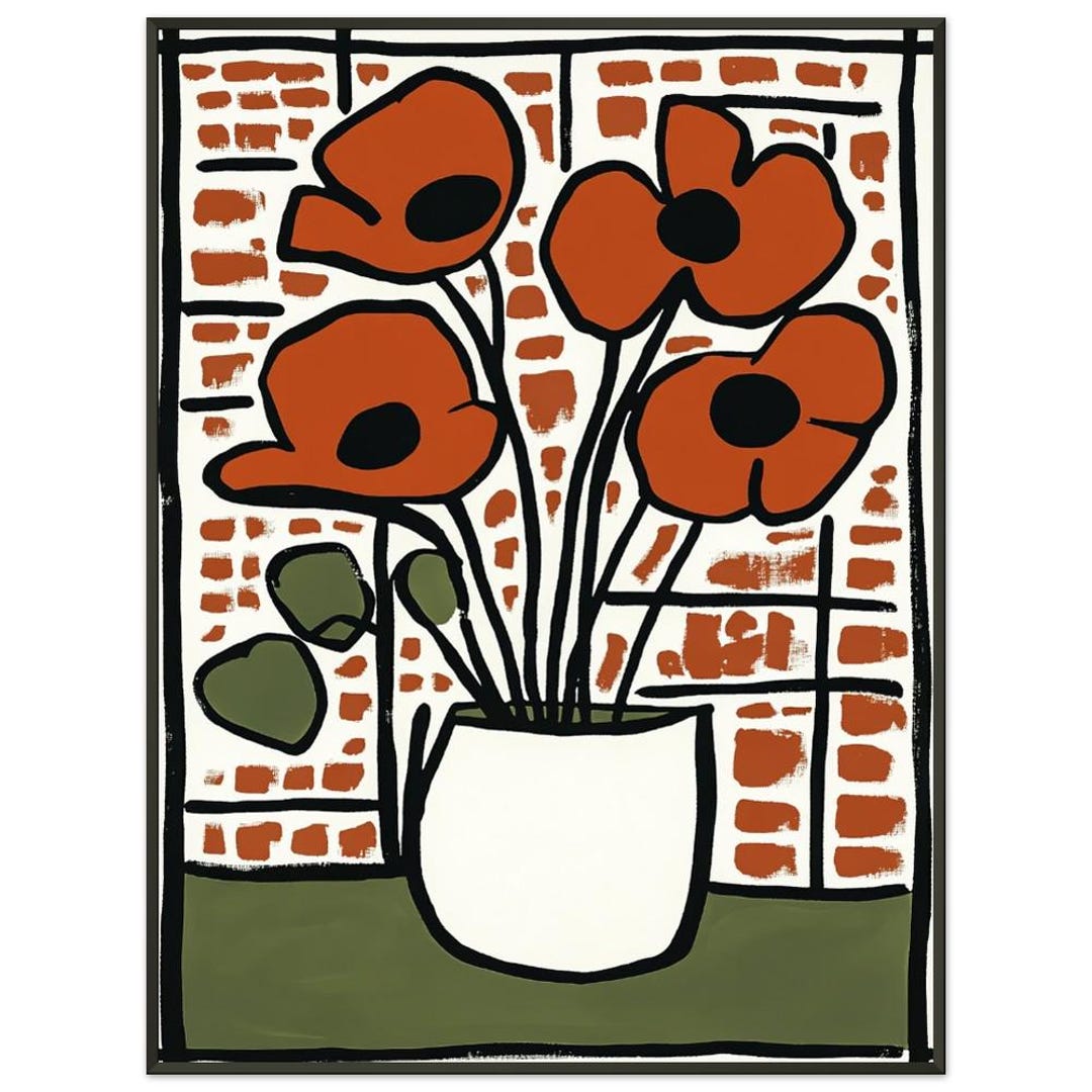 Retro Poppy Flower Art Print Bold Red Poppies in White Vase Graphic ...