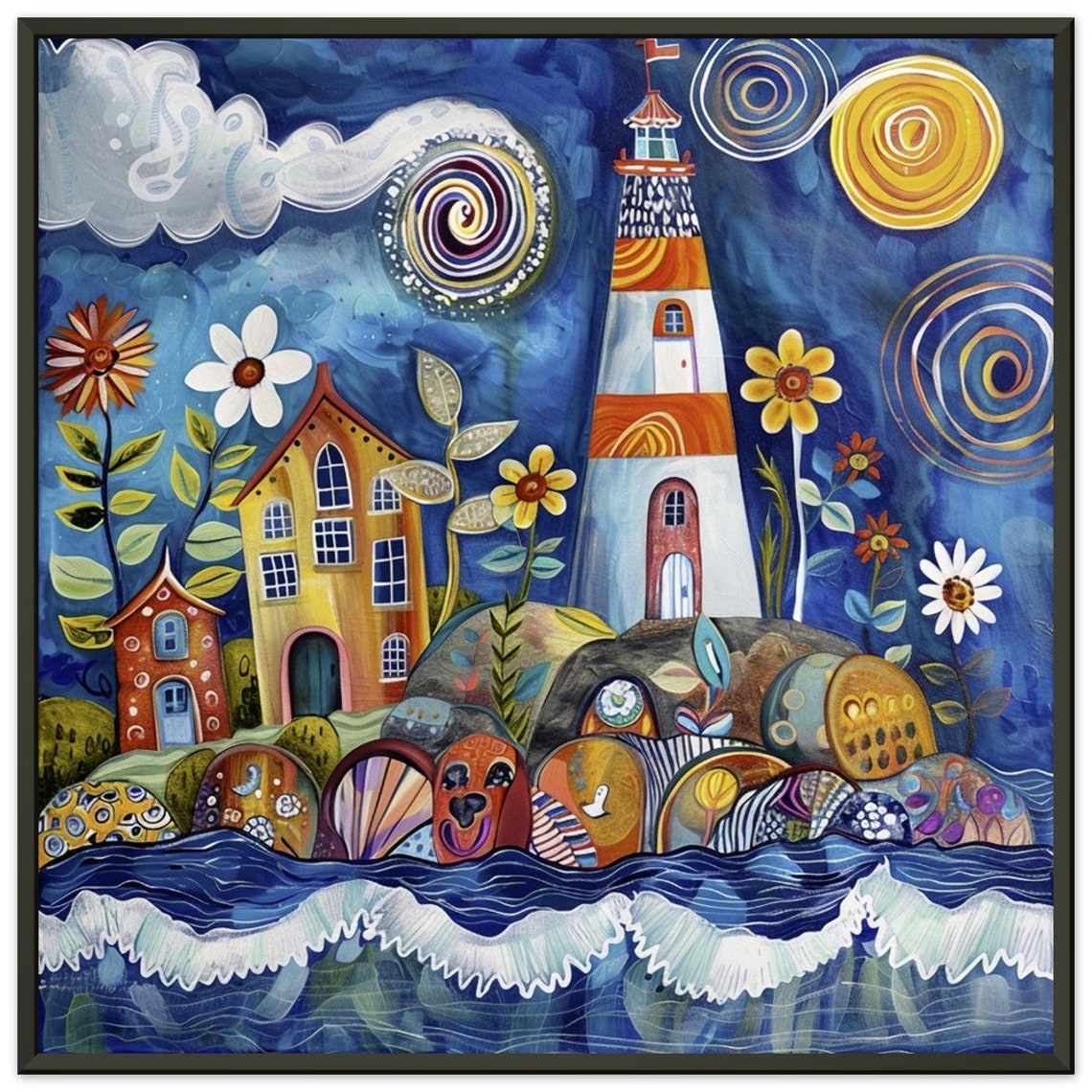 Whimsical Naïve Painting of Lighthouse and Houses With Sea Waves ...