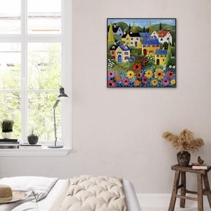 Naive Art Painting of Countryside Houses in France Beautiful Floral ...