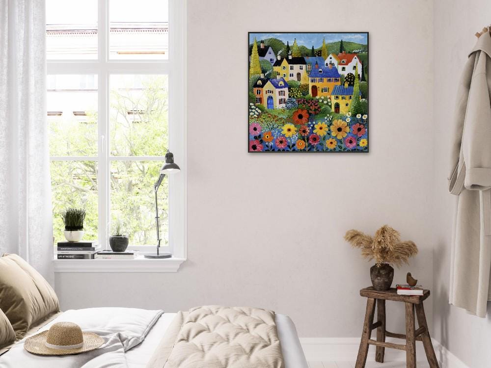 Naive Art Painting of Countryside Houses in France Beautiful Floral ...