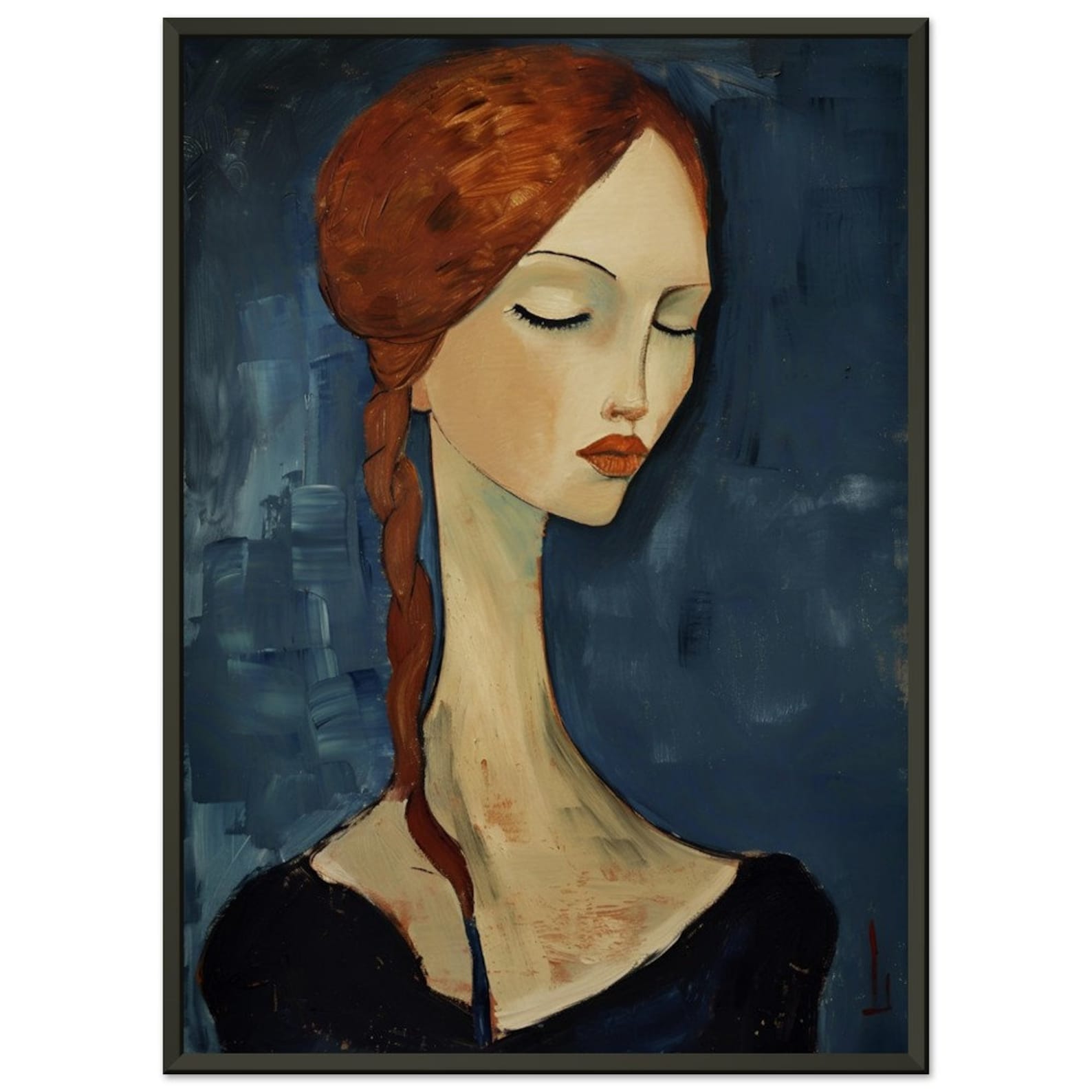 Modigliani Inspired Portrait - Serene Woman With Red Braided Ponytail ...