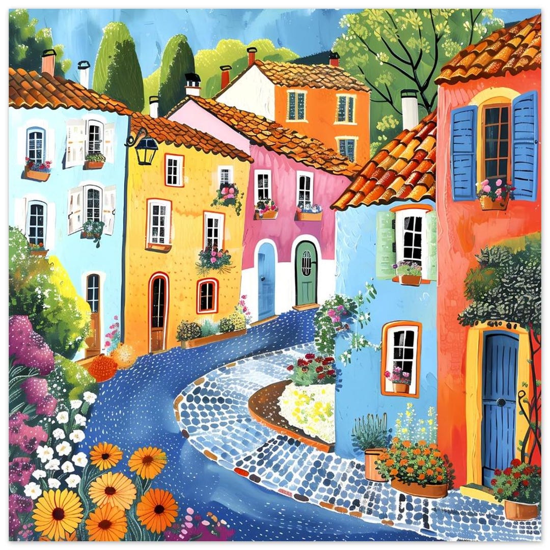 Colorful Naïve Art of Village | Blue Road & Houses | Printed on ...