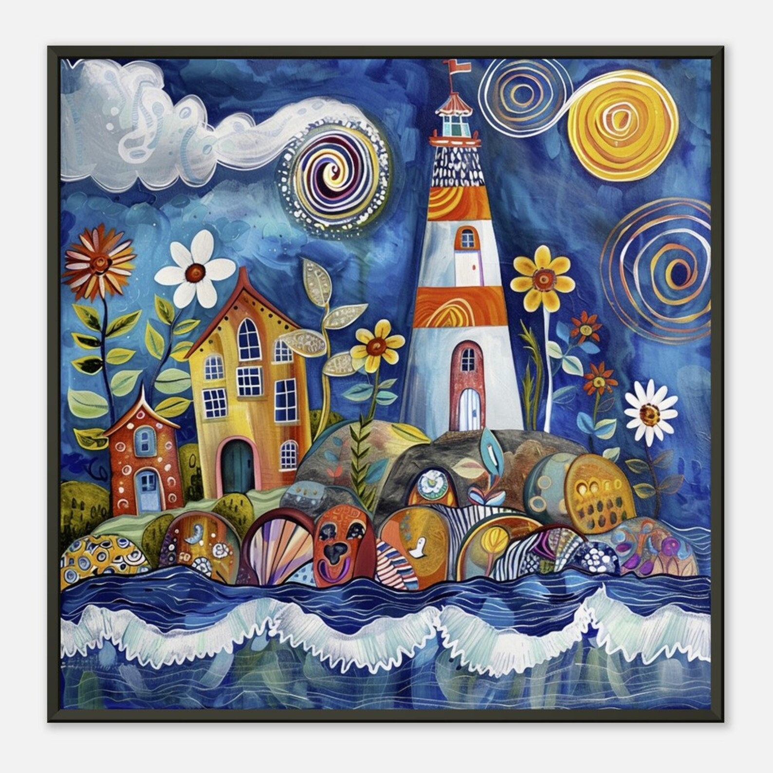 Whimsical Naïve Painting of Lighthouse and Houses With Sea Waves ...