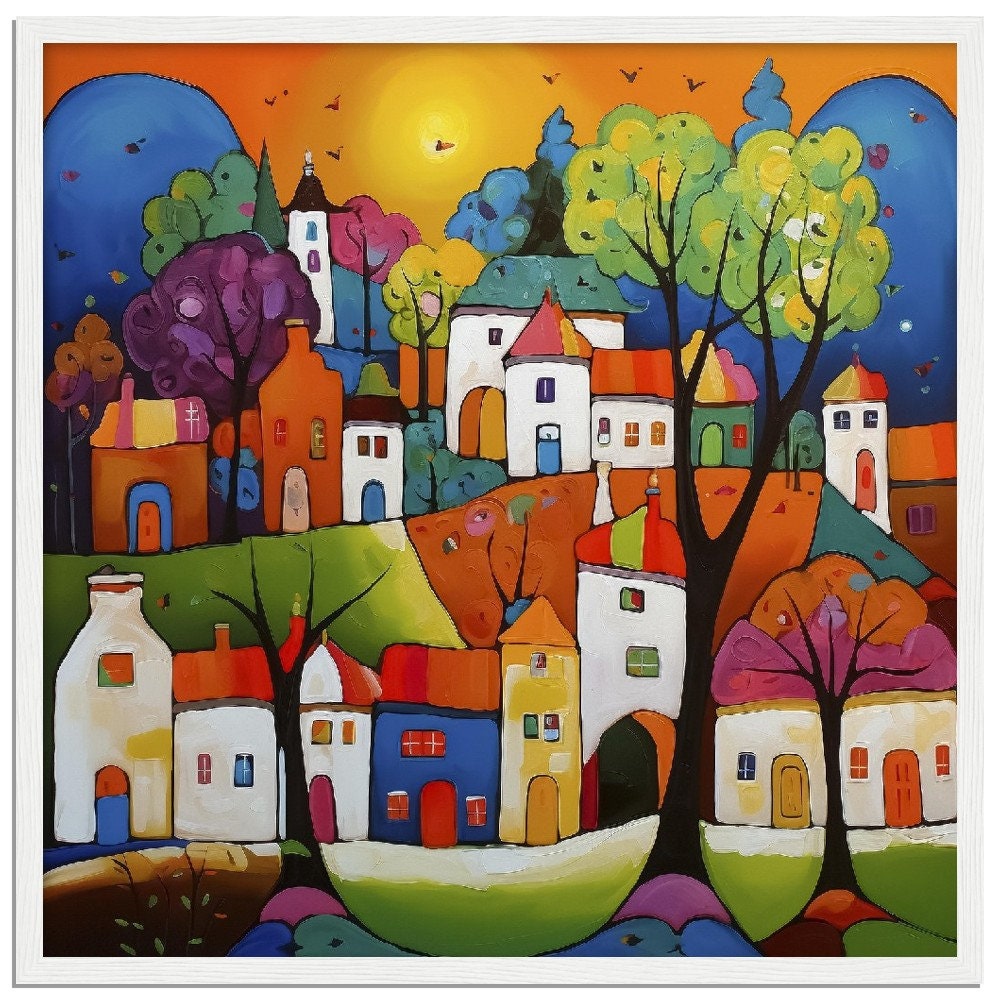 Village Naive Art Painting Poster Digital Print With Premium - Etsy