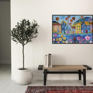 Whimsical Naive Art Painting With Colorful Flowers and Houses: A Joyful ...