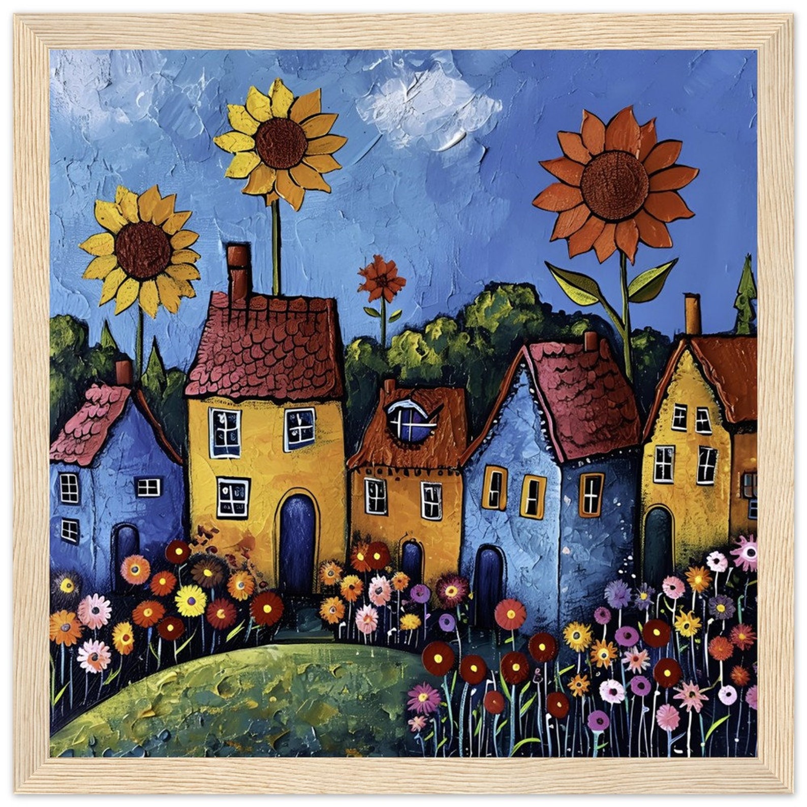 Whimsical Naive Art Painting: Five Colorful Houses on a Little Hill ...