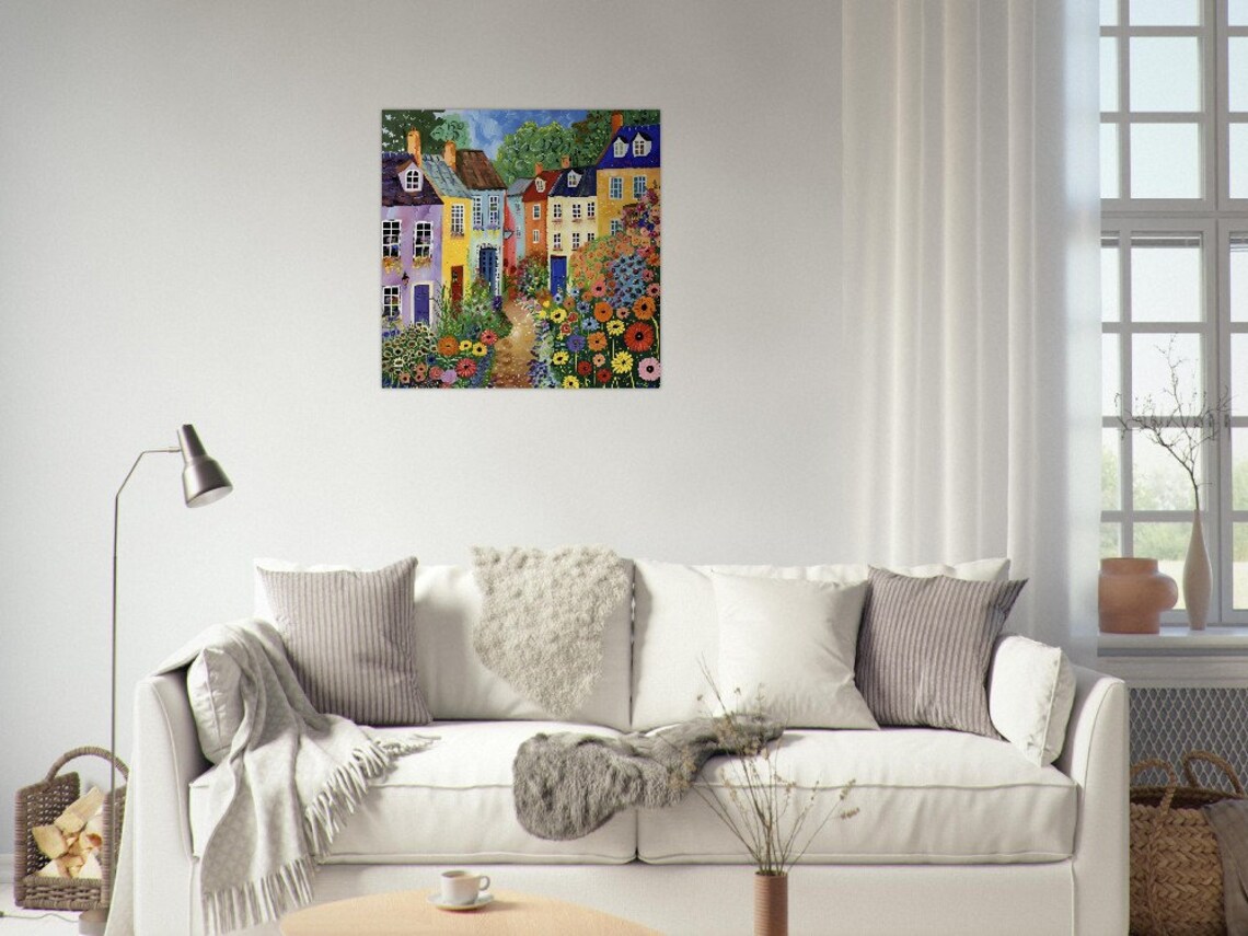 Naive Art Painting of Colorful Terraced Houses in England - Unique Foam ...