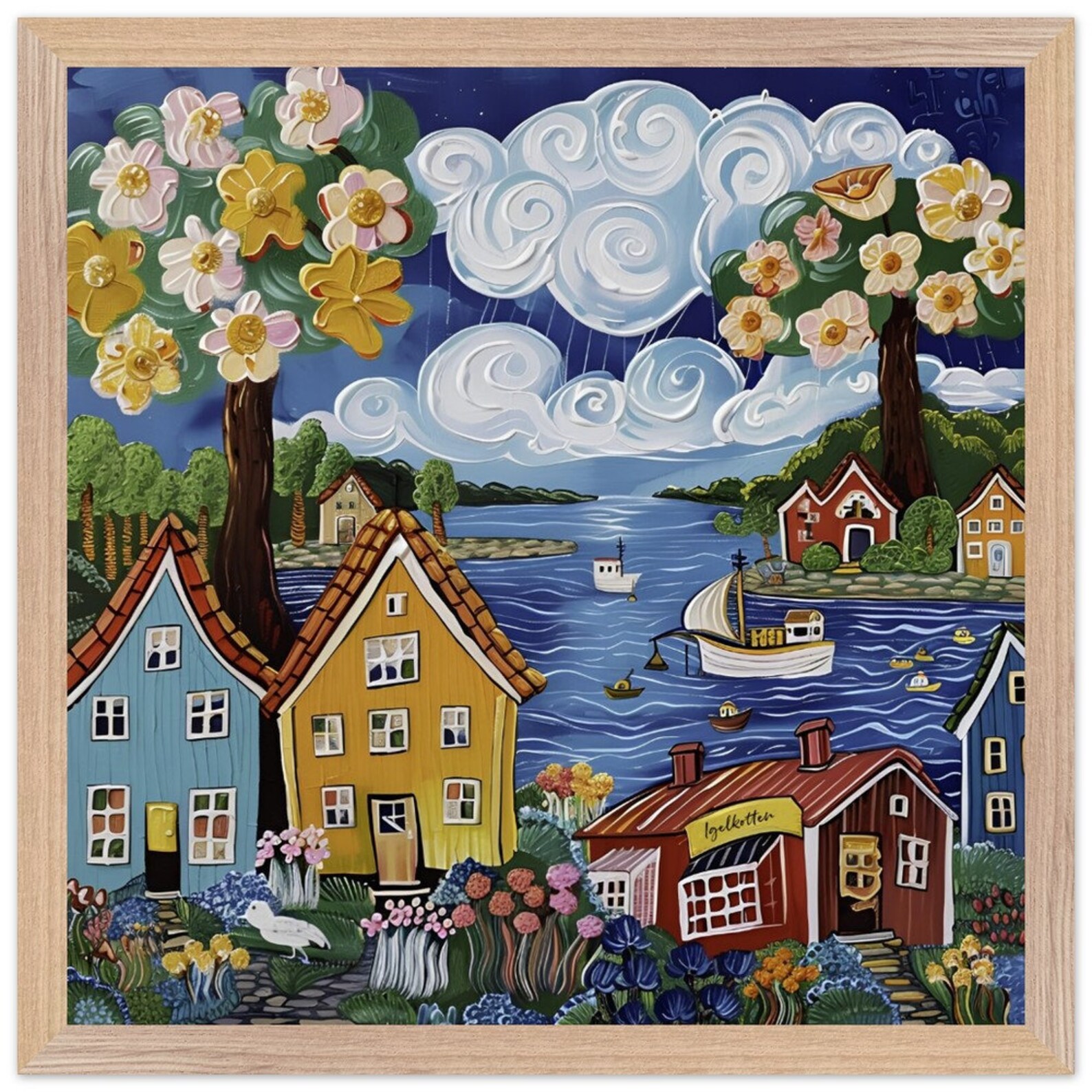Whimsical Naïve Painting: Charming Houses & Boats, Framed Matte Poster ...