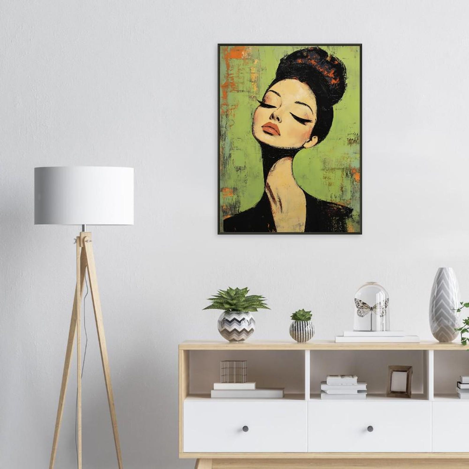 Retro Vintage Framed Poster: Woman With Hair up - Green & Orange Wall ...