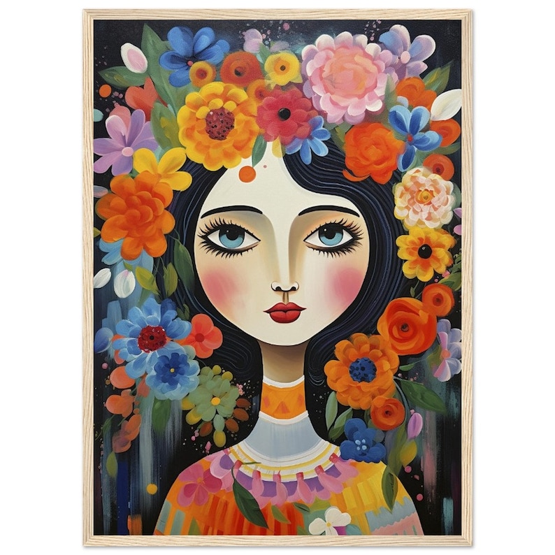 Naive Art Portrait Enchanting Woman With Blue Eyes And Flowers Premium