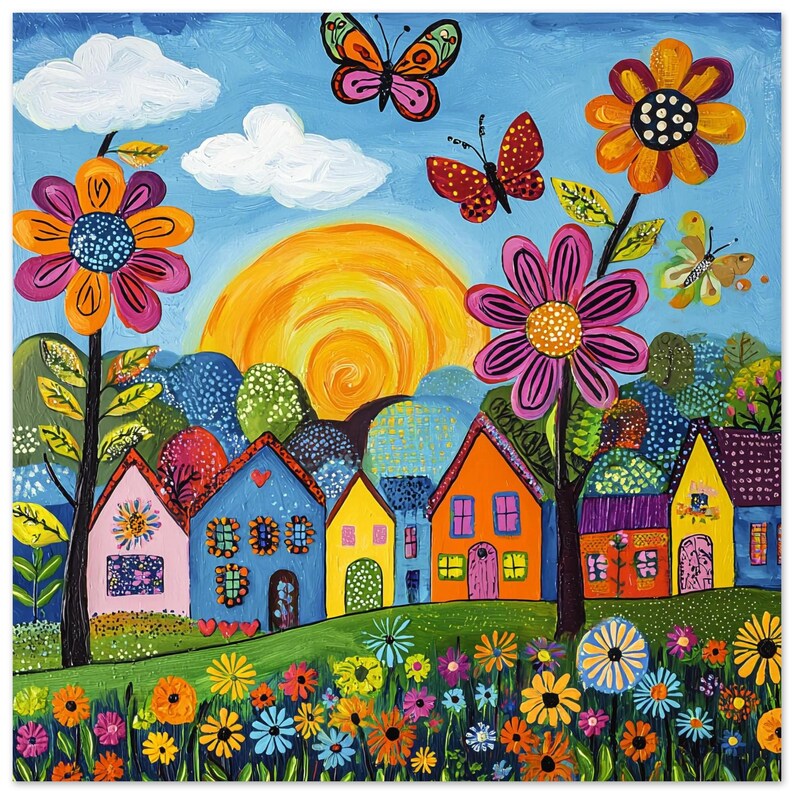 Whimsical Colorful Houses Foam Print - Naïve Art With Flowers ...