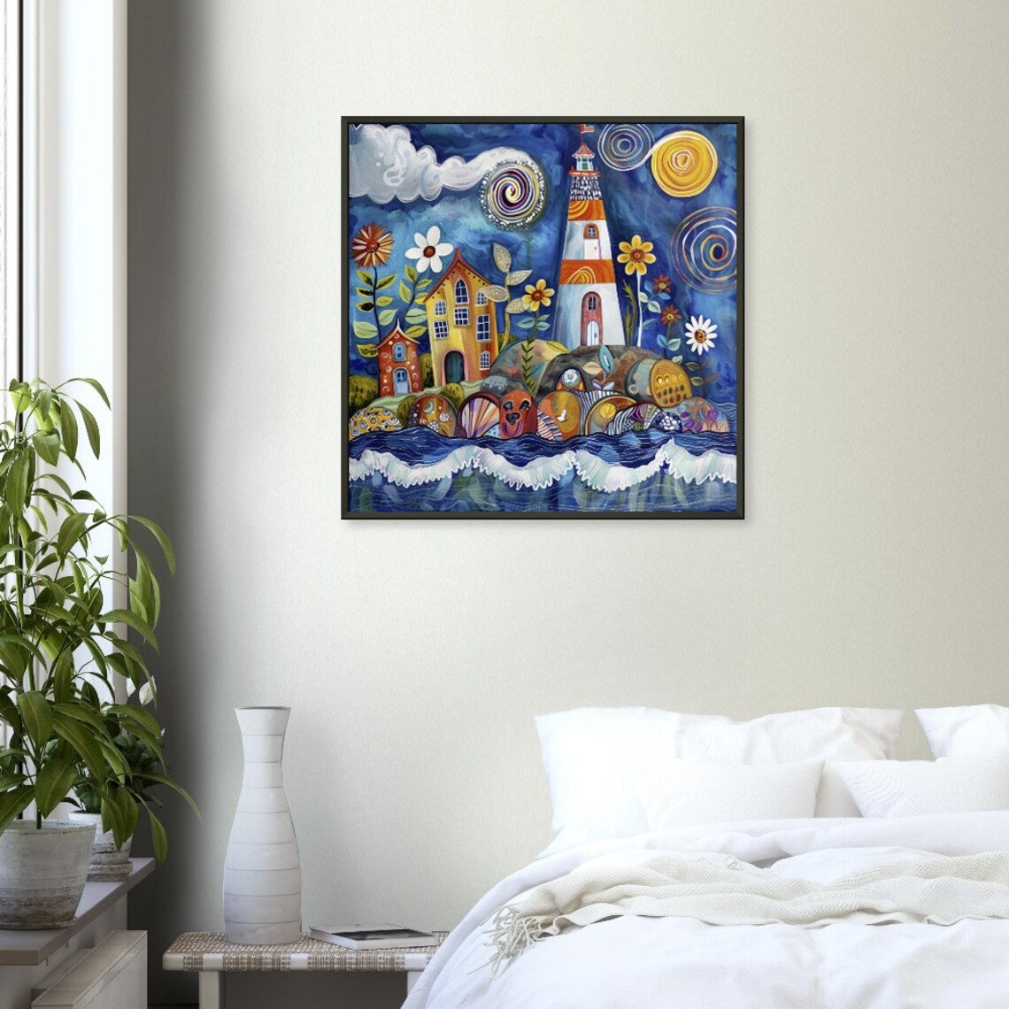 Whimsical Naïve Painting of Lighthouse and Houses With Sea Waves ...