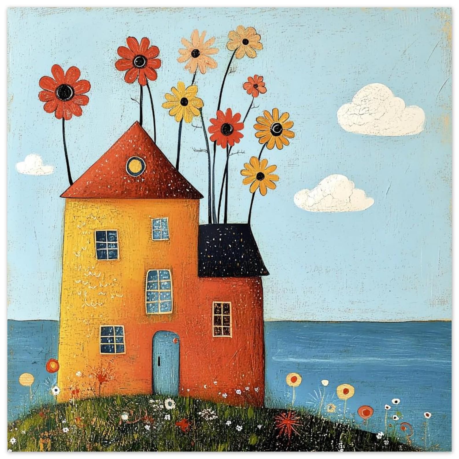 Whimsical House on Hill by the Sea - Flowers From Roof - Printed on ...