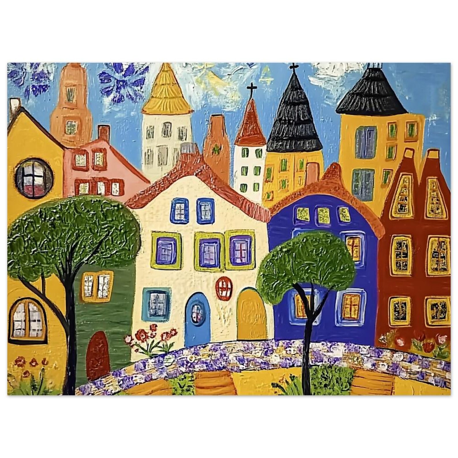 Naïve Whimsical Houses Art Print - Two Churches, Trees & Retro Colors ...
