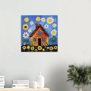 Whimsical Light Red-orange House With Floral Sky – Naïve Art on ...