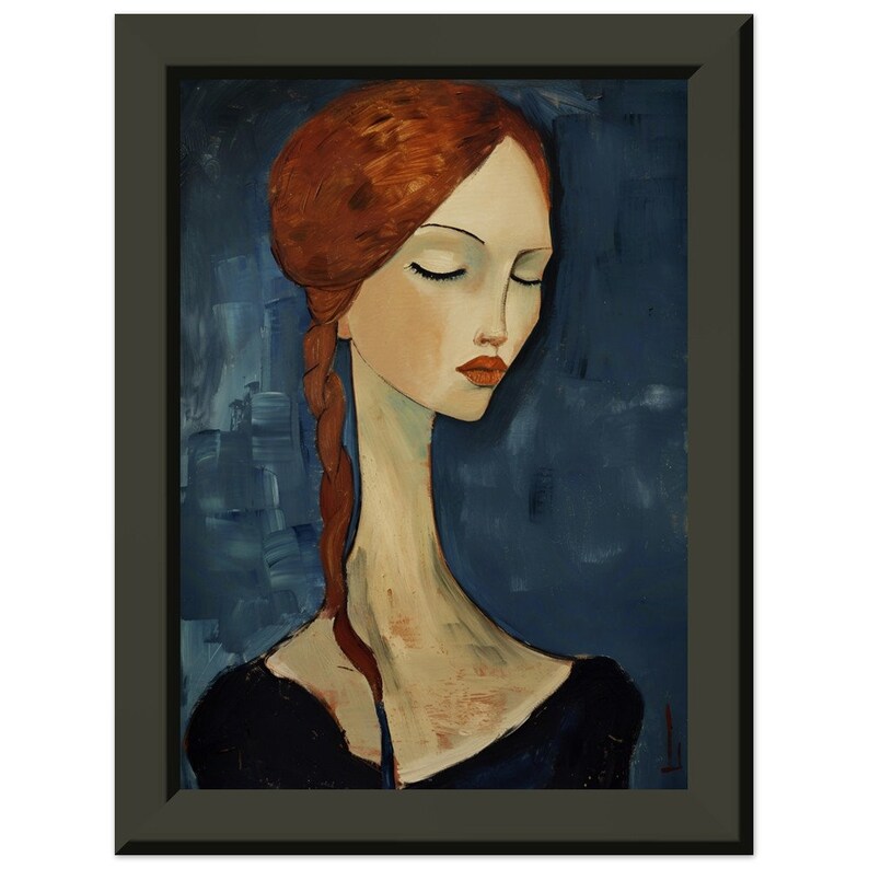 Modigliani Inspired Portrait - Serene Woman With Red Braided Ponytail ...