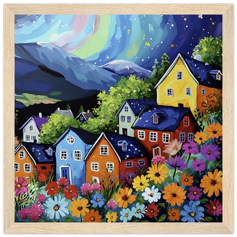 Naive Art Painting: Norwegian Village With Aurora Summertime Splendor ...