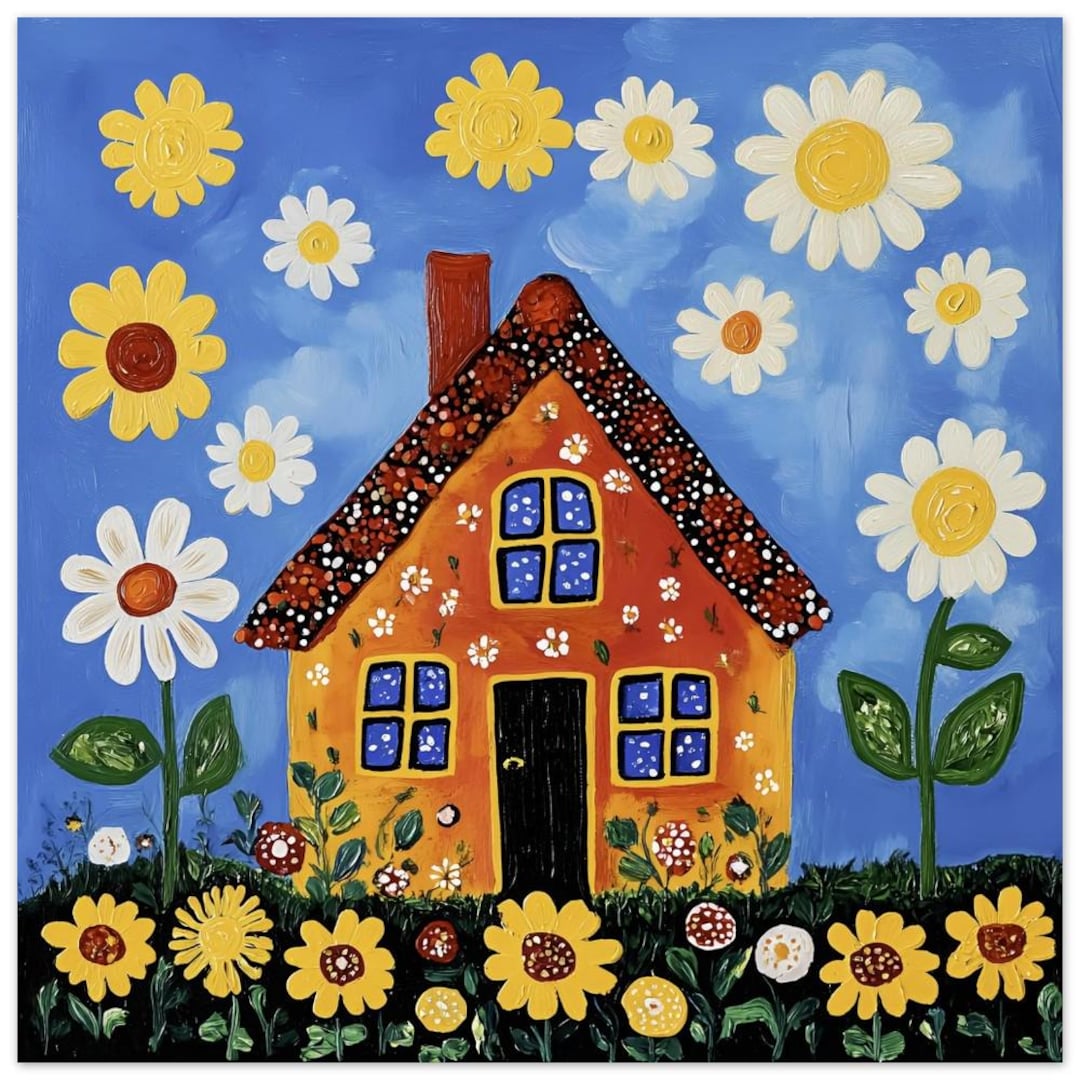 Whimsical Light Red-orange House With Floral Sky – Naïve Art on ...